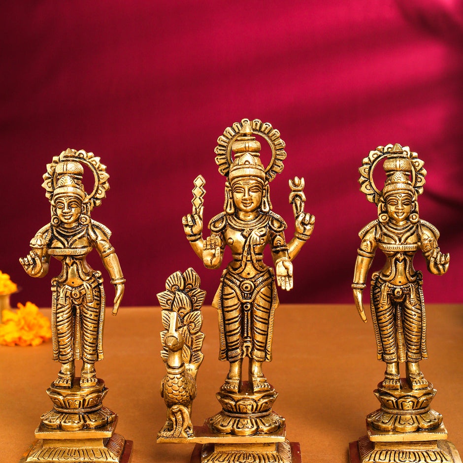 Brass Superfine Lord Murugan With Devasena And Valli Idols – Vedansh Craft