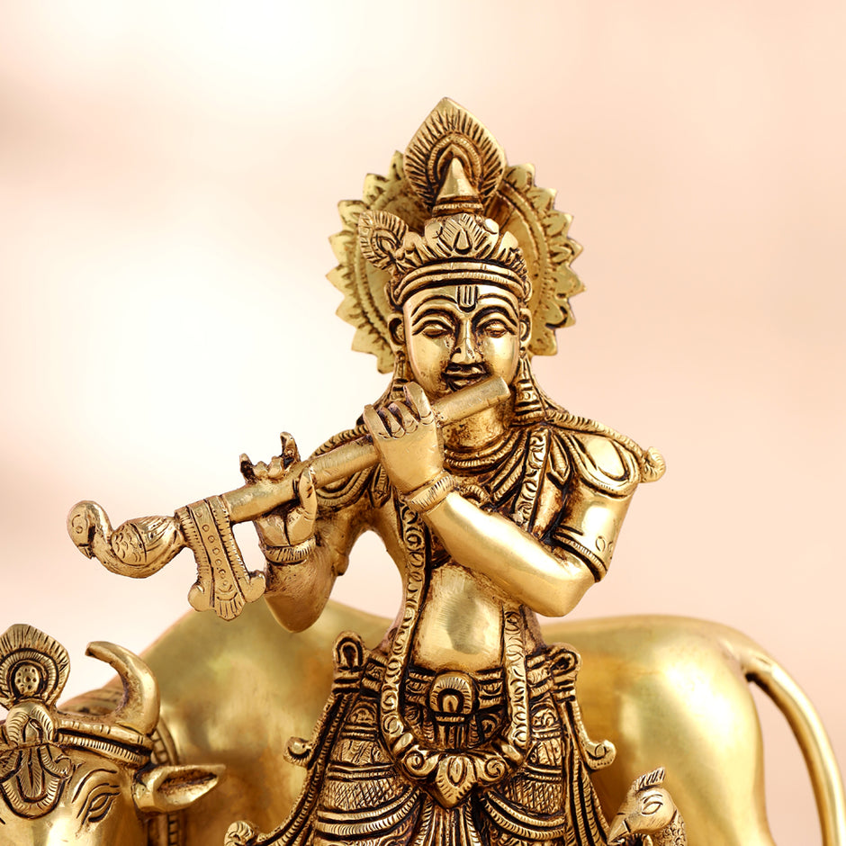 Brass Krishna With Cow Statue (9.5 Inch) – Vedansh Craft